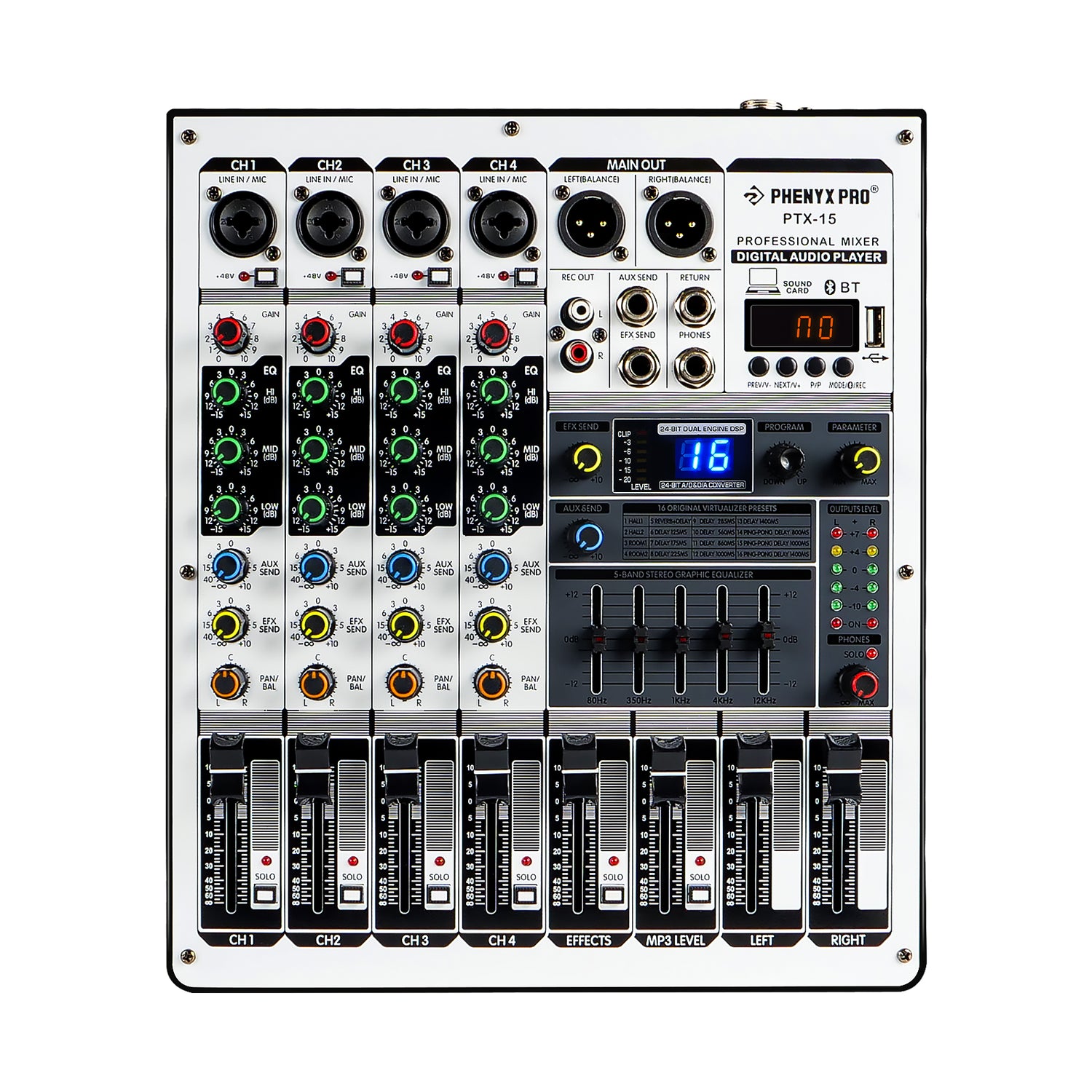 PTX-15 4-Channel Audio Mixer w/ 16 DSP Effects - Phenyx Pro