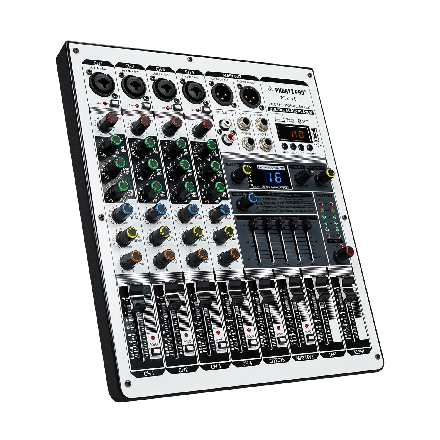 PTX-15 4-Channel Audio Mixer w/ 16 DSP Effects - Phenyx Pro